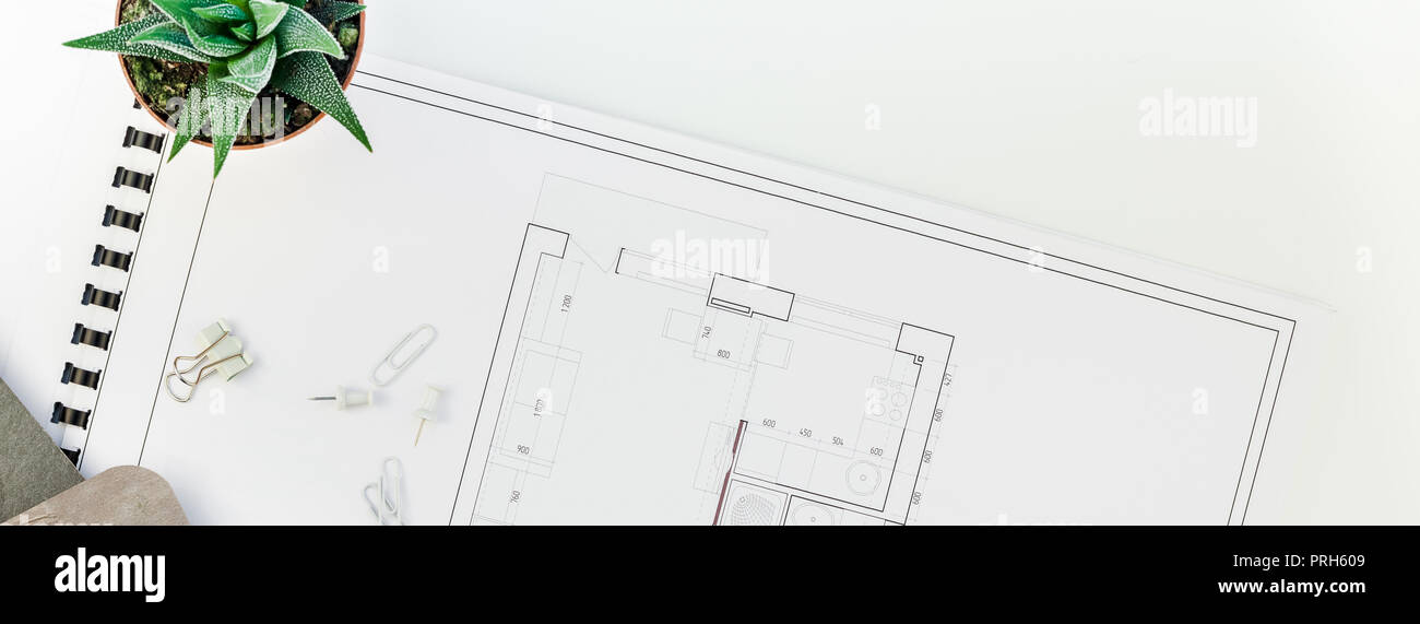 Creative flat lay long wide banner top view blueprints architectural ...