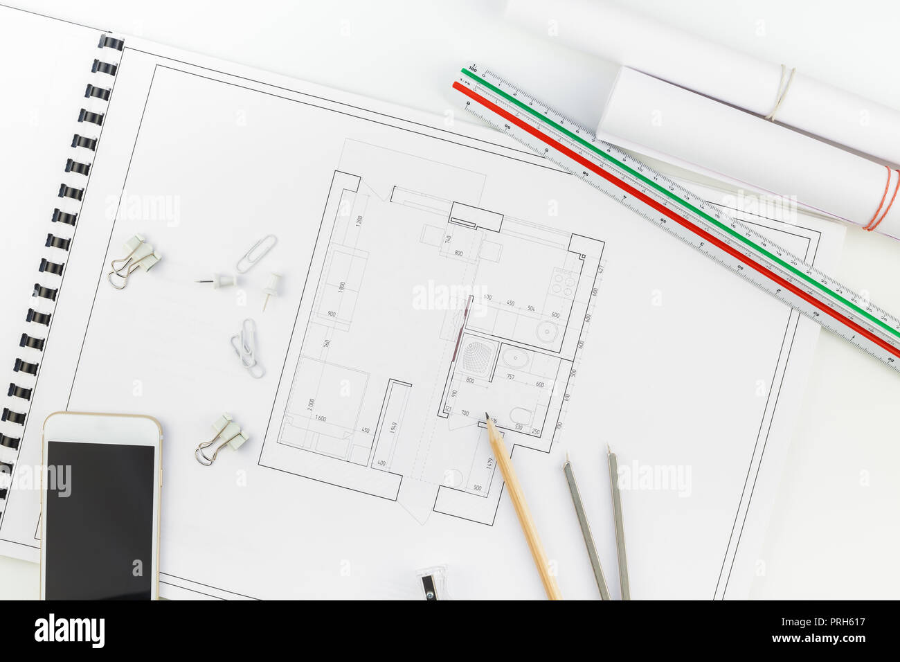 Creative flat lay overhead top view blueprints architectural flat ...