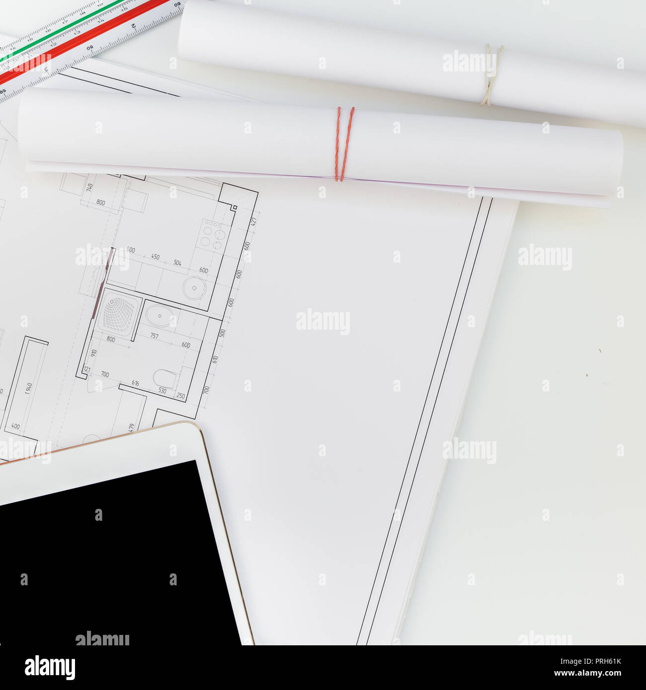 Creative flat lay overhead top view blueprints architectural flat ...