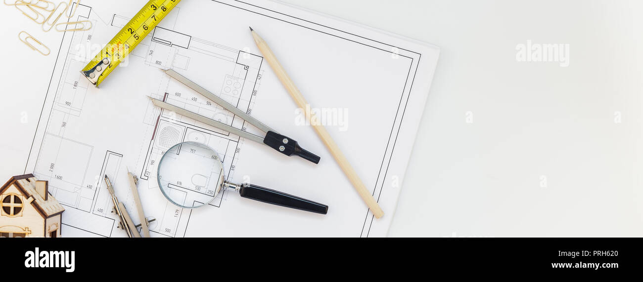 Creative flat lay long wide banner top view blueprints architectural ...
