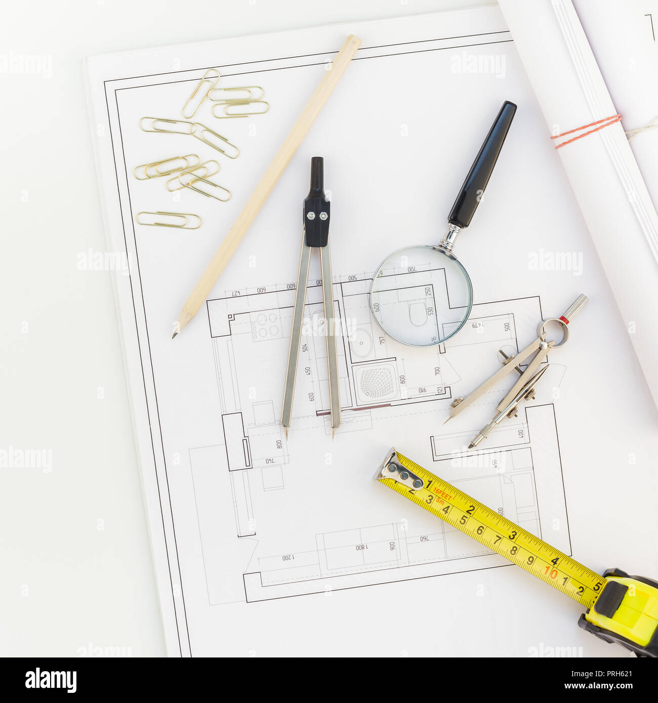 Creative flat lay overhead top view blueprints architectural flat ...