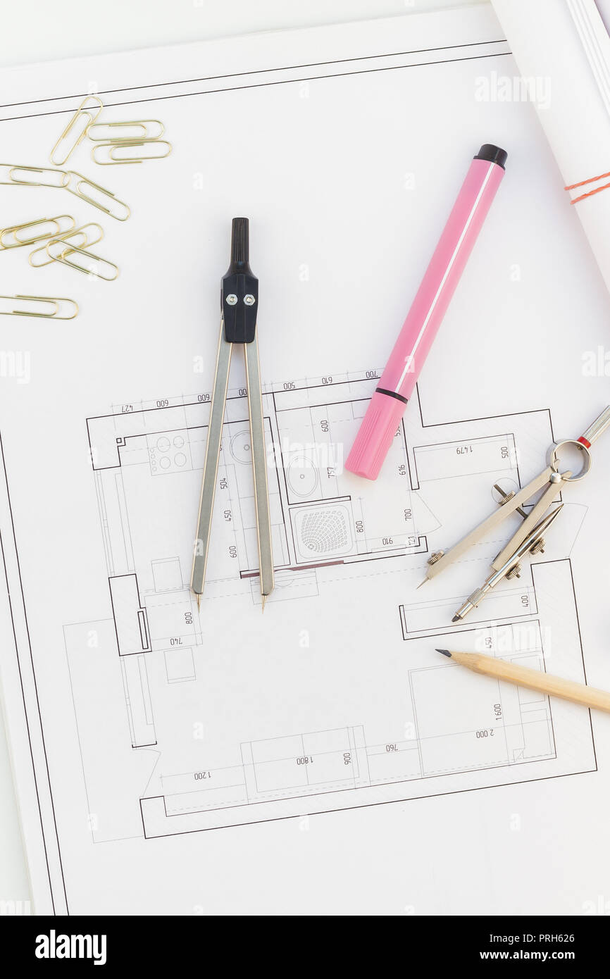 Creative flat lay overhead top view blueprints architectural flat ...