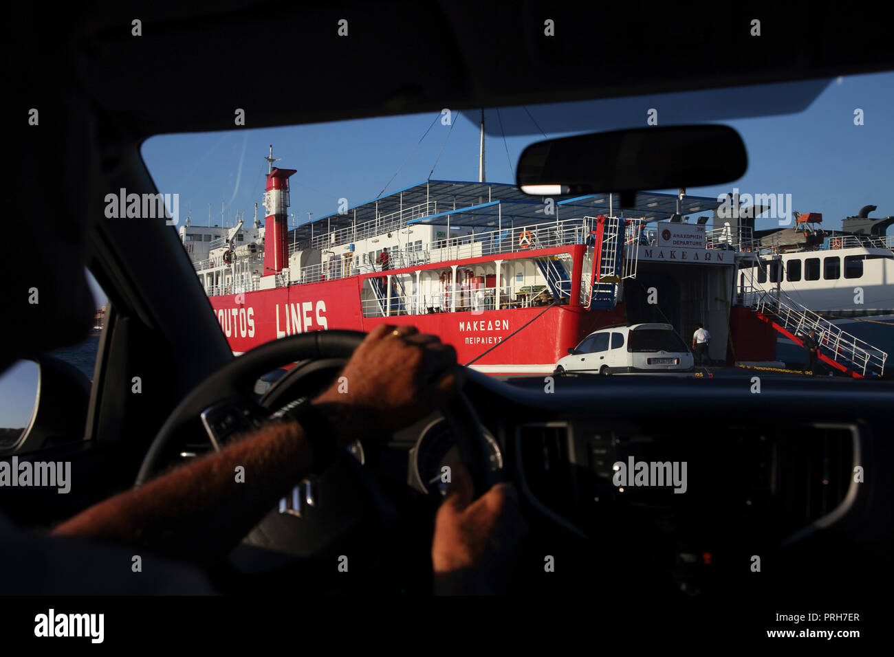 Lavrio Port Attica Greece Driver waiting to Board Car on Ferry Stock ...