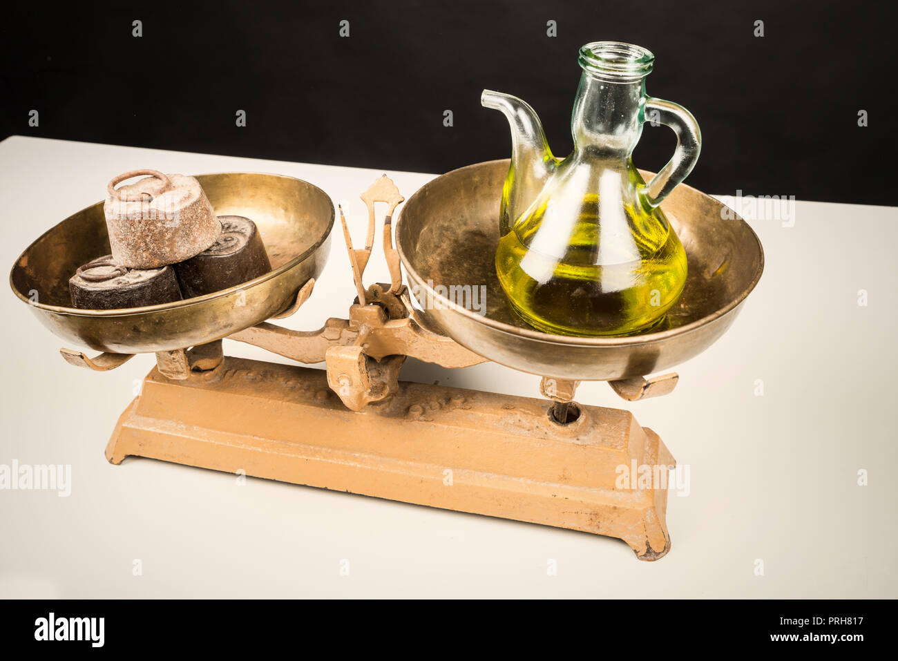Olive oil on vintage scales, a nutrition concept Stock Photo - Alamy