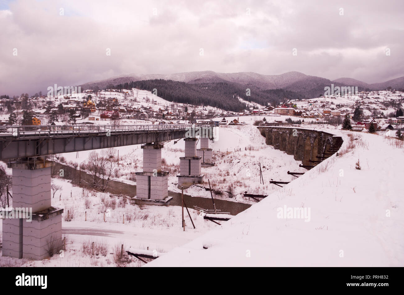 Old and new bridge in Vorokhta. Carpathians, Ukraine Winter Stock Photo ...