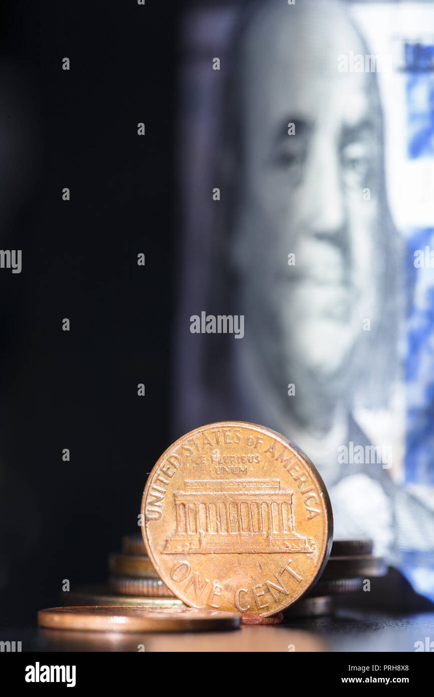 Dollar USD cent coin, currency of United States USA. Shown details of ...