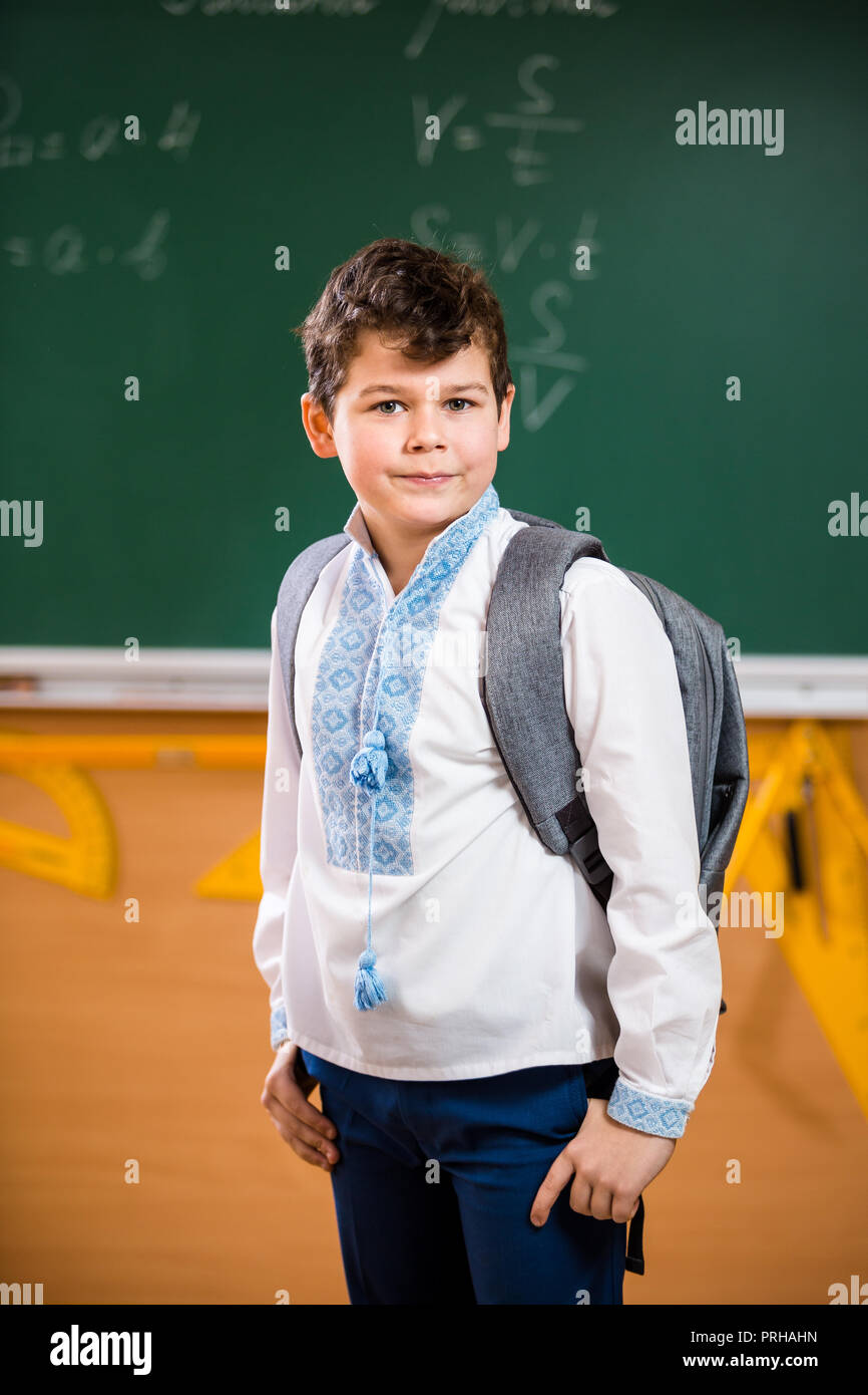 Portrait of a schoolboy. Young 10 years old caucasian boy posing in a ...