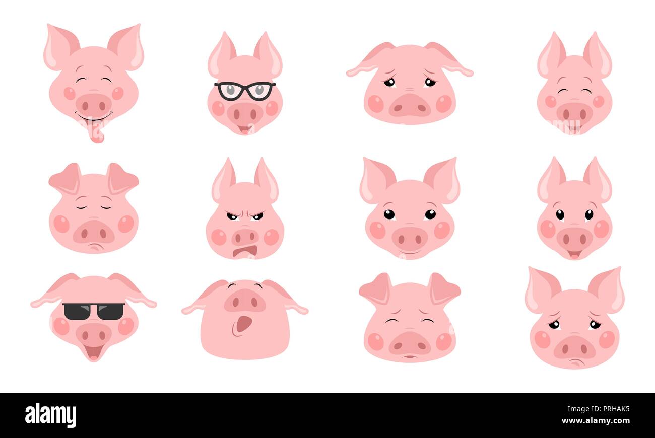 Collection of funny pig emoticon characters in different emotions ...