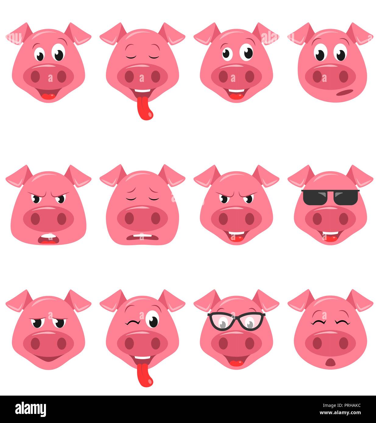Heads of Cool Funny Pig Emoticon Characters, Happy, Cool, Angry, Tired ...
