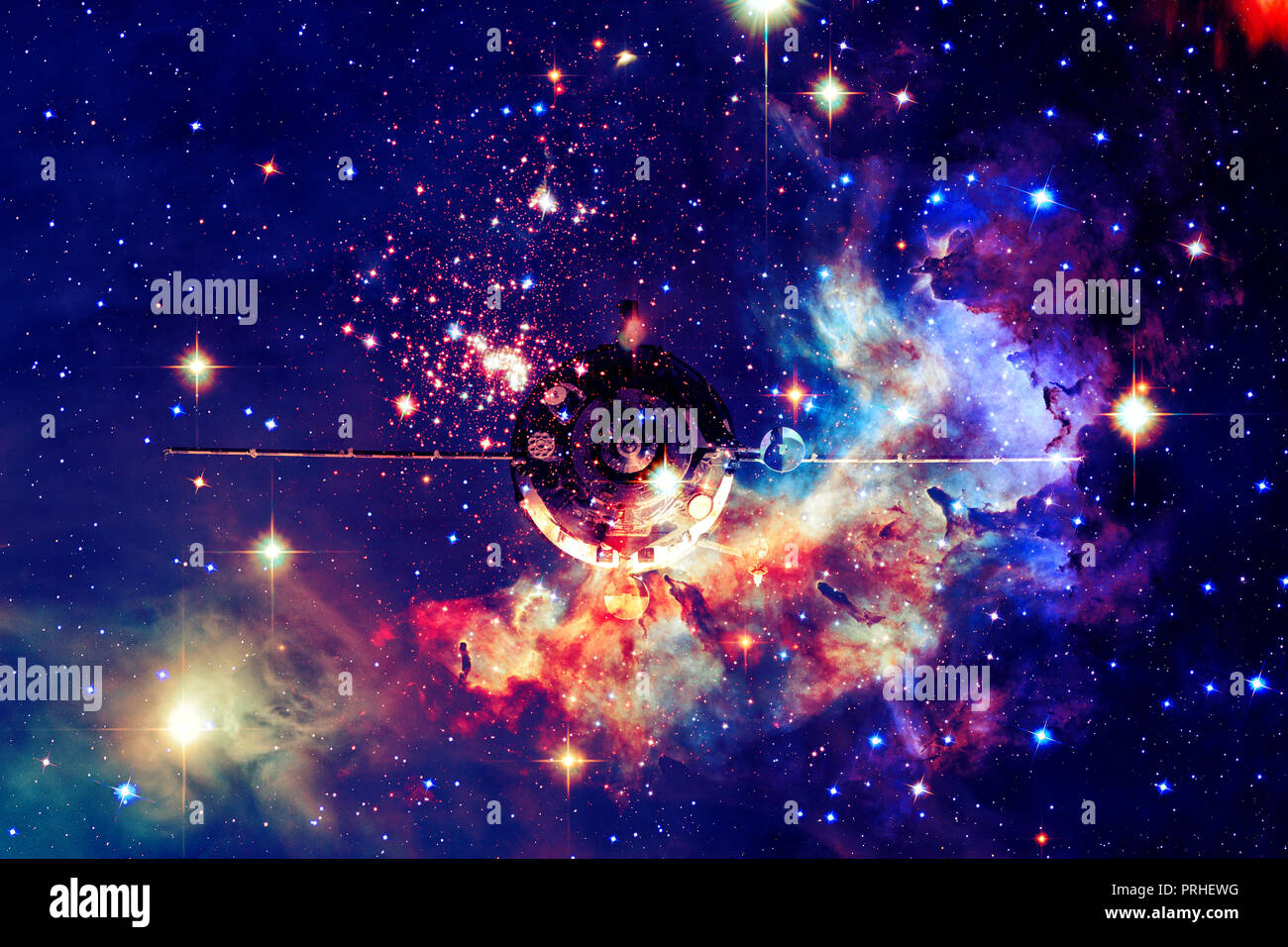 Spaceship in outer space against the background of the nebula. Elements ...