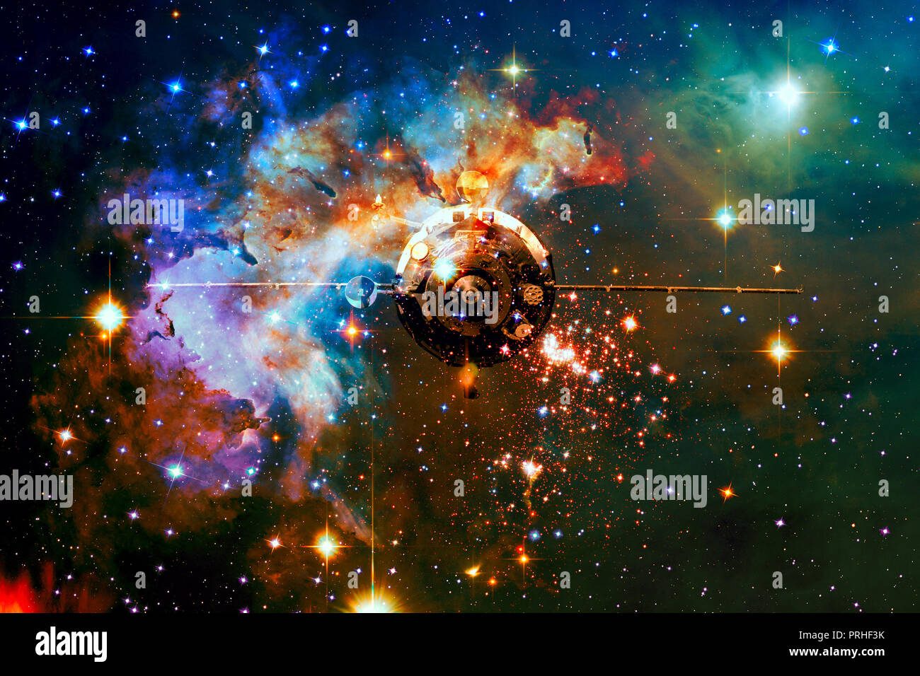 Spaceship in outer space against the background of the nebula. Elements ...