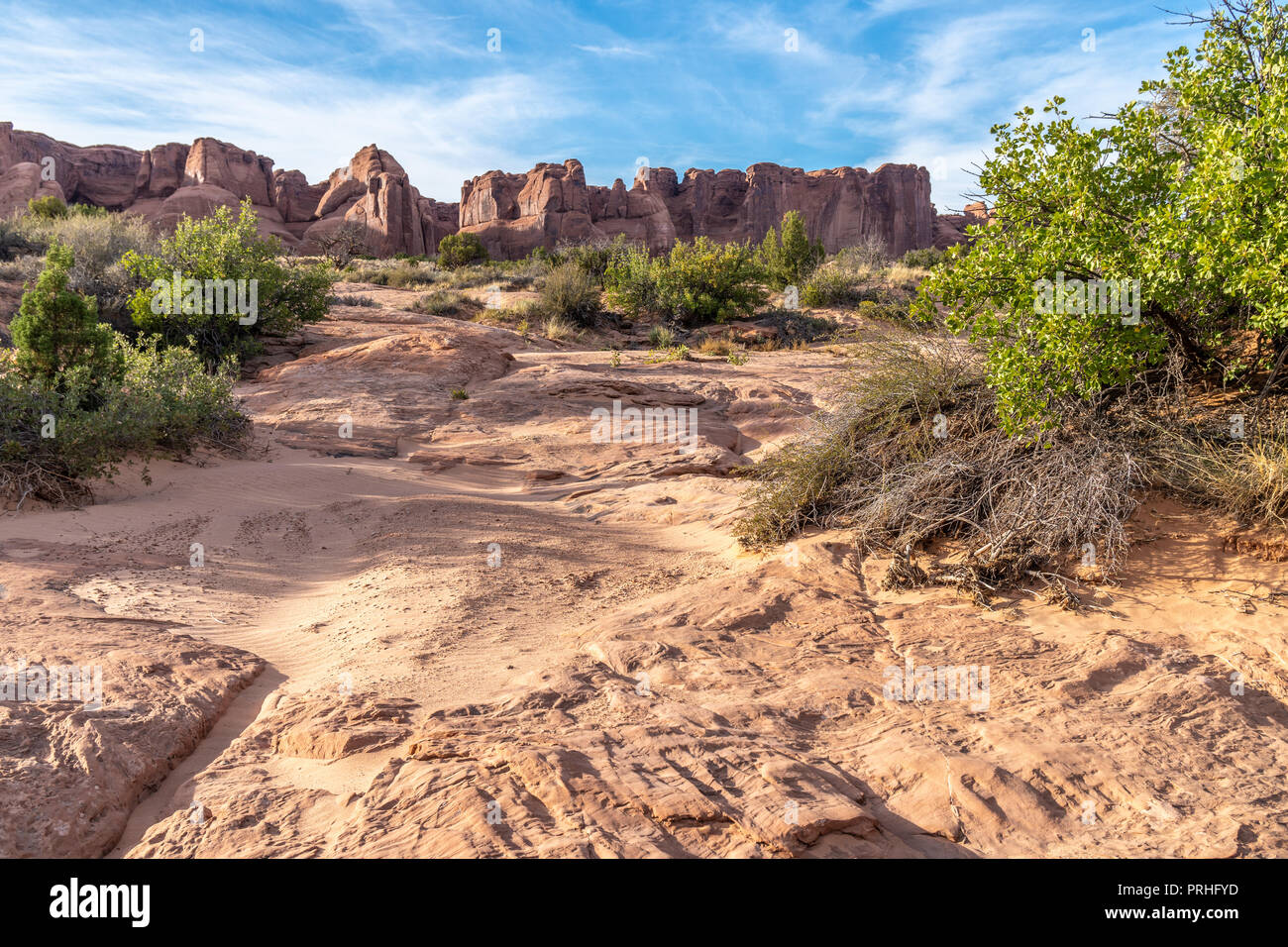 The Great Wall from a dry stream bed, Arches National Park, Utah Stock ...
