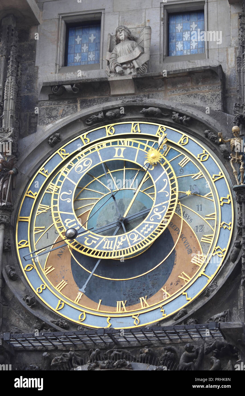Details of the famous astronomical clock in Prague. A statue looks out ...