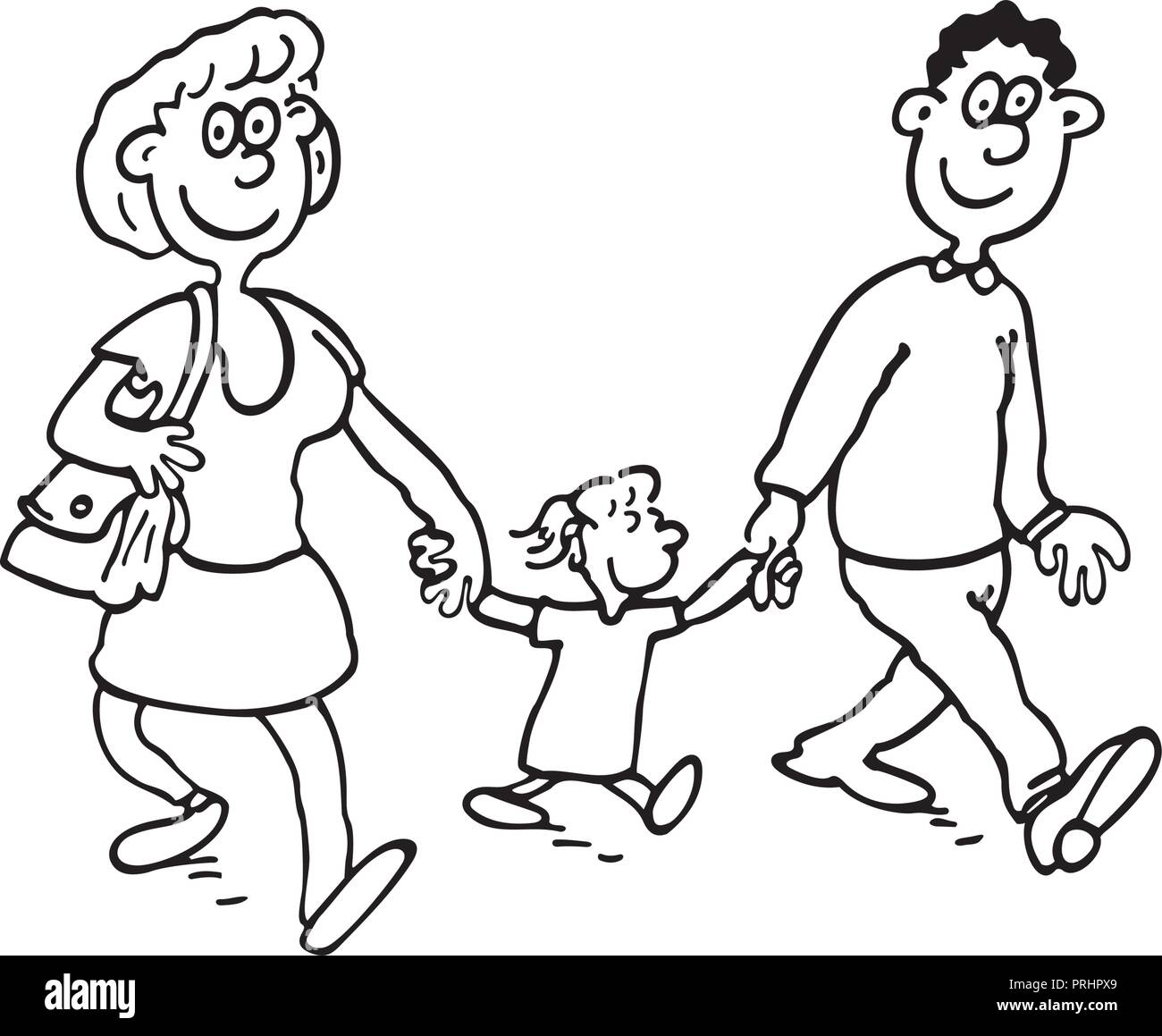 parents with children. outlined cartoon handrawn sketch illustration ...