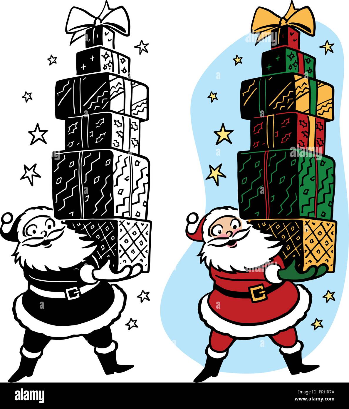 Santa Claus holds up a giant stack of wrapped Christmas presents Stock ...