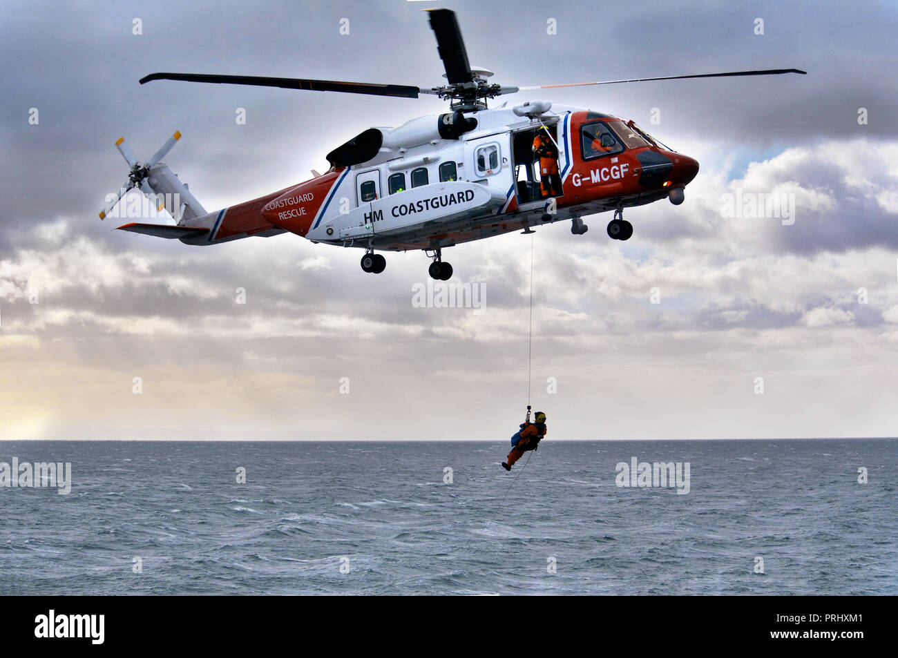 UK Coastguard Sikorsky S-92 Helicopter conducting a rescue exercise off ...