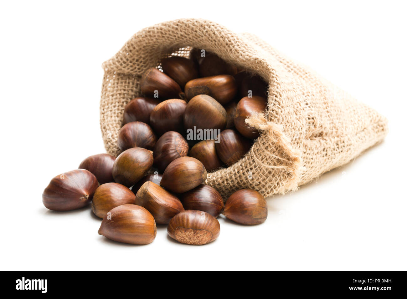 Fresh chestnuts in sack bag on white background Stock Photo - Alamy