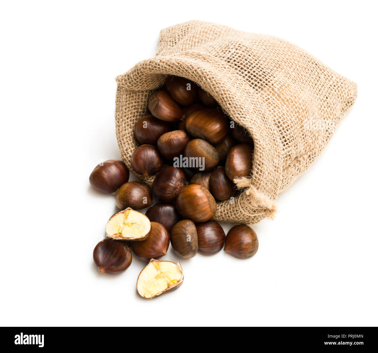 Fresh chestnuts in sack bag on white background Stock Photo - Alamy