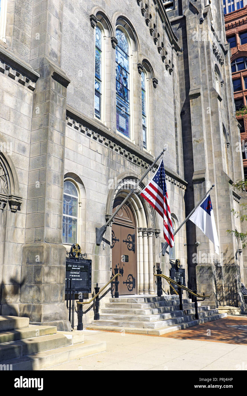 Historic Old Stone Church is a landmark on public square in downtown ...