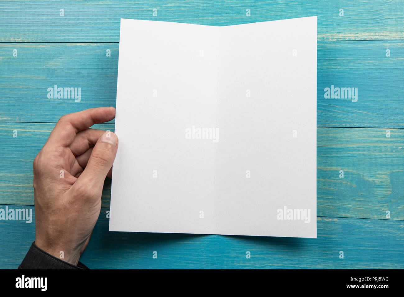 Mens hand holding empty white booklet on blue wooden background. View ...