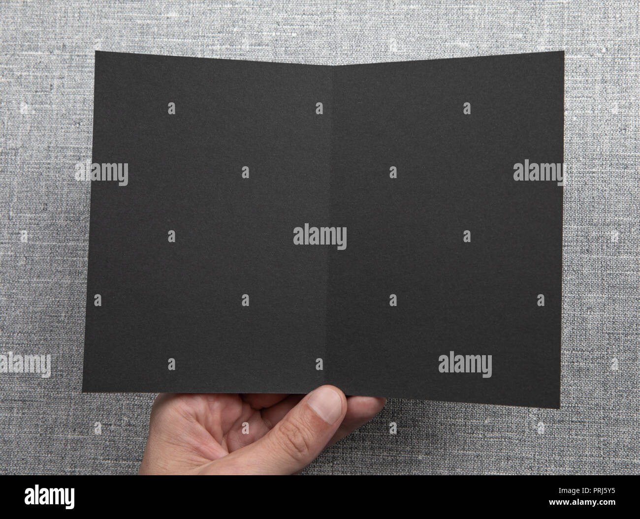 Mens hands holding empty black booklet on gray background. View from ...