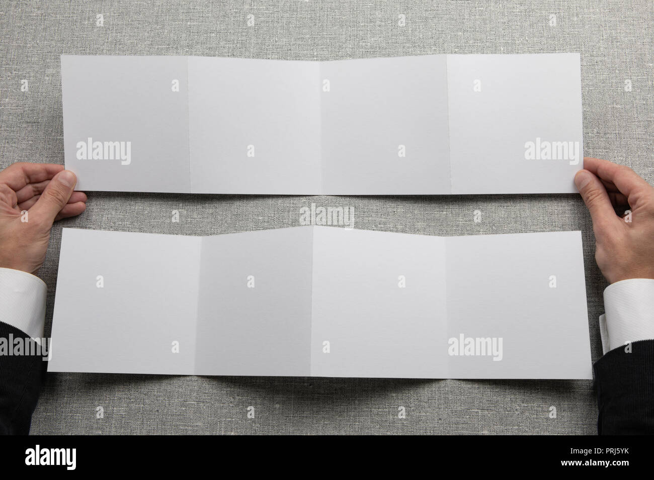 Mens hands holding empty white booklet on gray background. View from ...