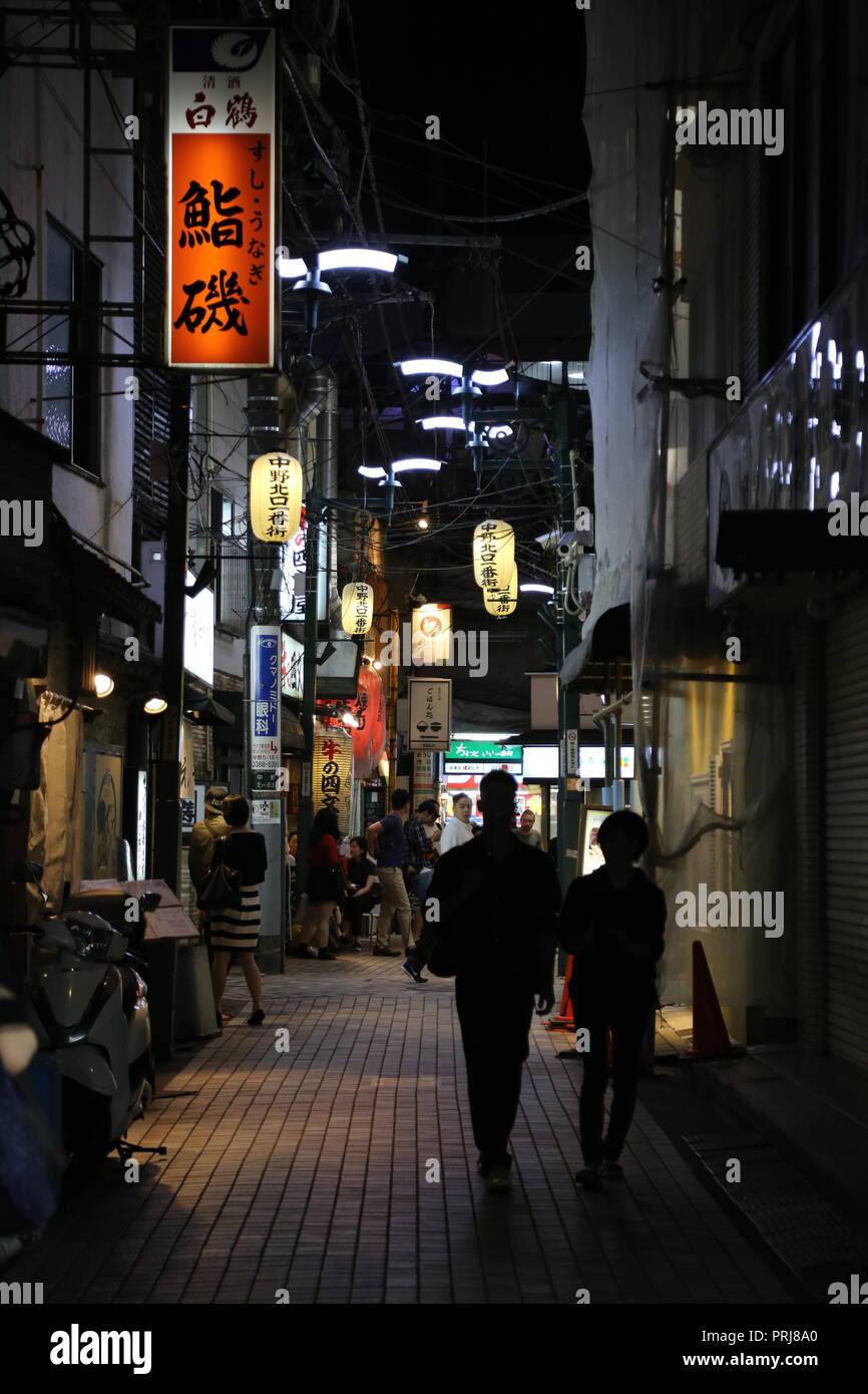 Night view of Japan walkway. With Signs and white lanterns. Couple ...