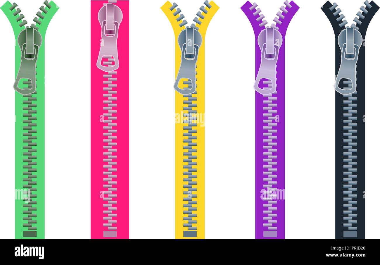 Set of metal zippers for clothing in different colors. Open and closed lock. Green, red, yellow ...