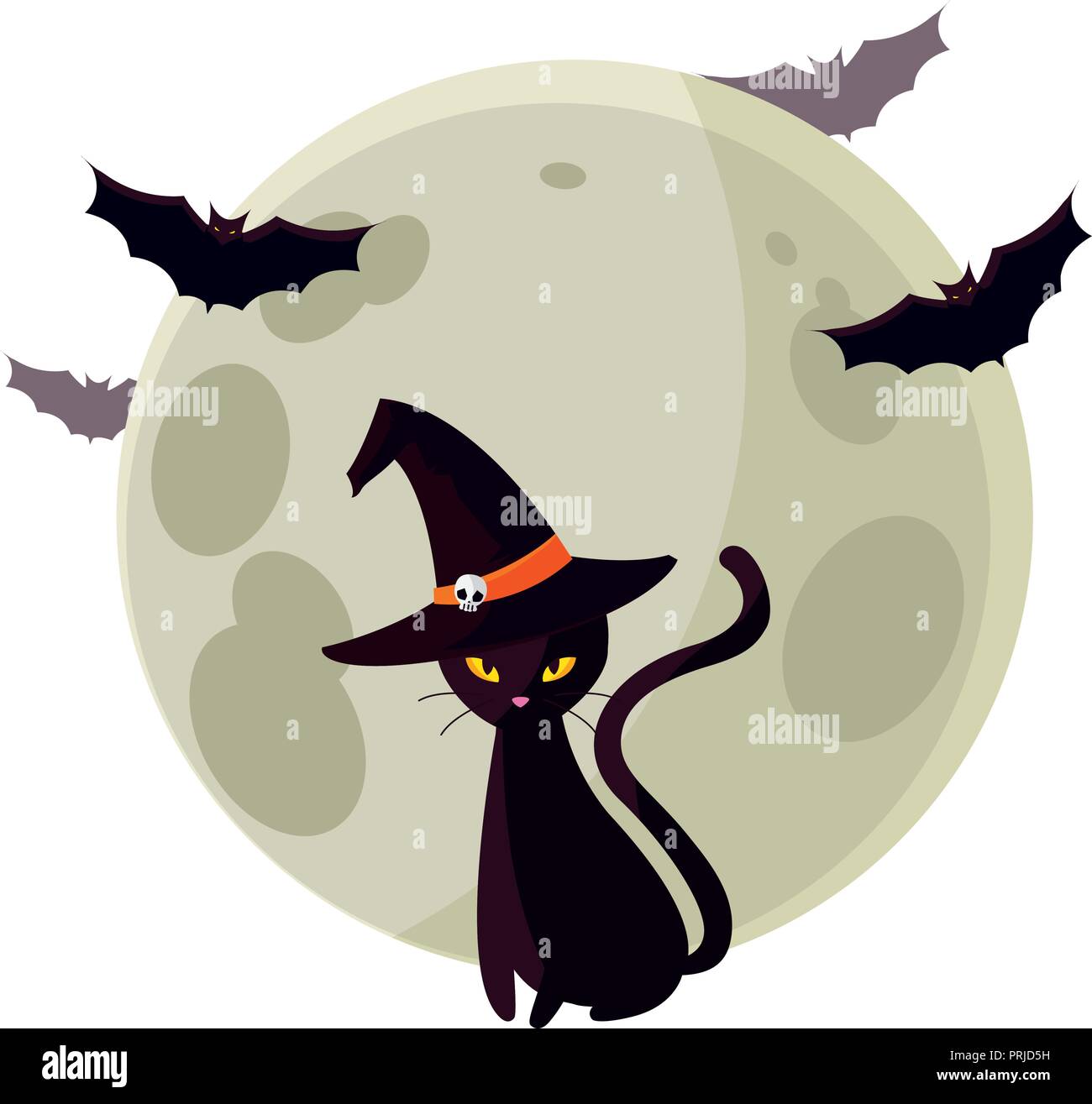 halloween black cat with moon and bats flying vector illustration ...
