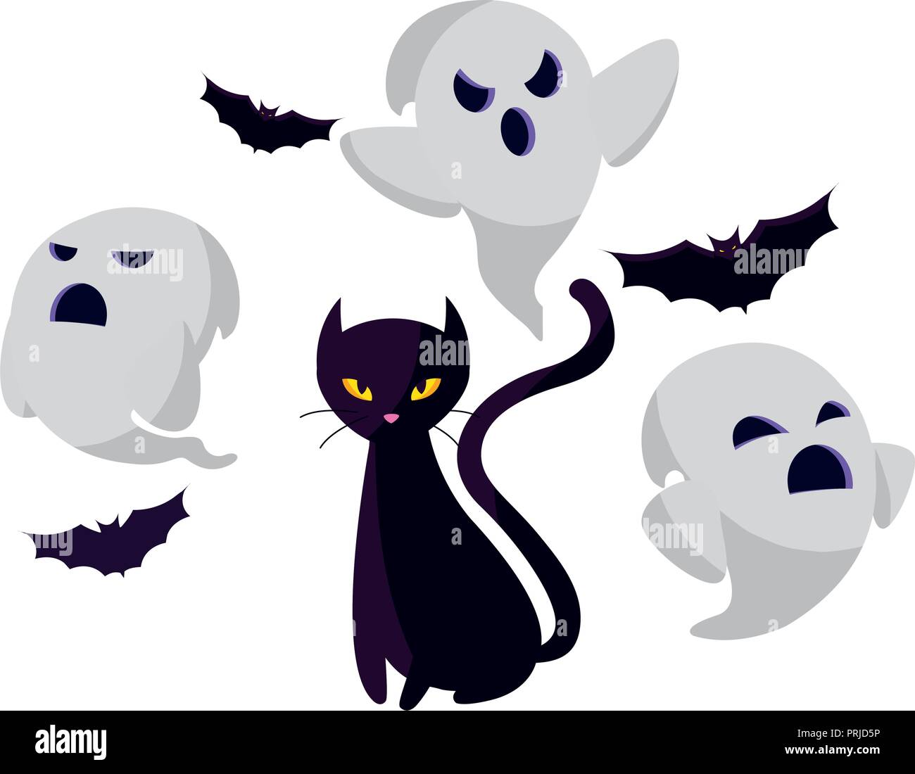 halloween black cat with ghost and bats vector illustration design ...