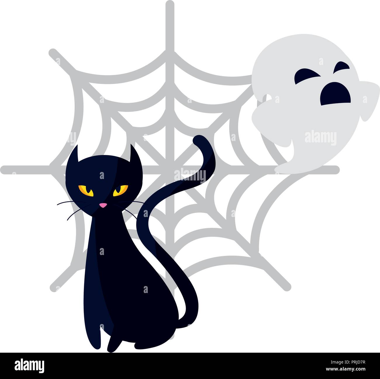 halloween black cat with ghost and spiderweb vector illustration design ...
