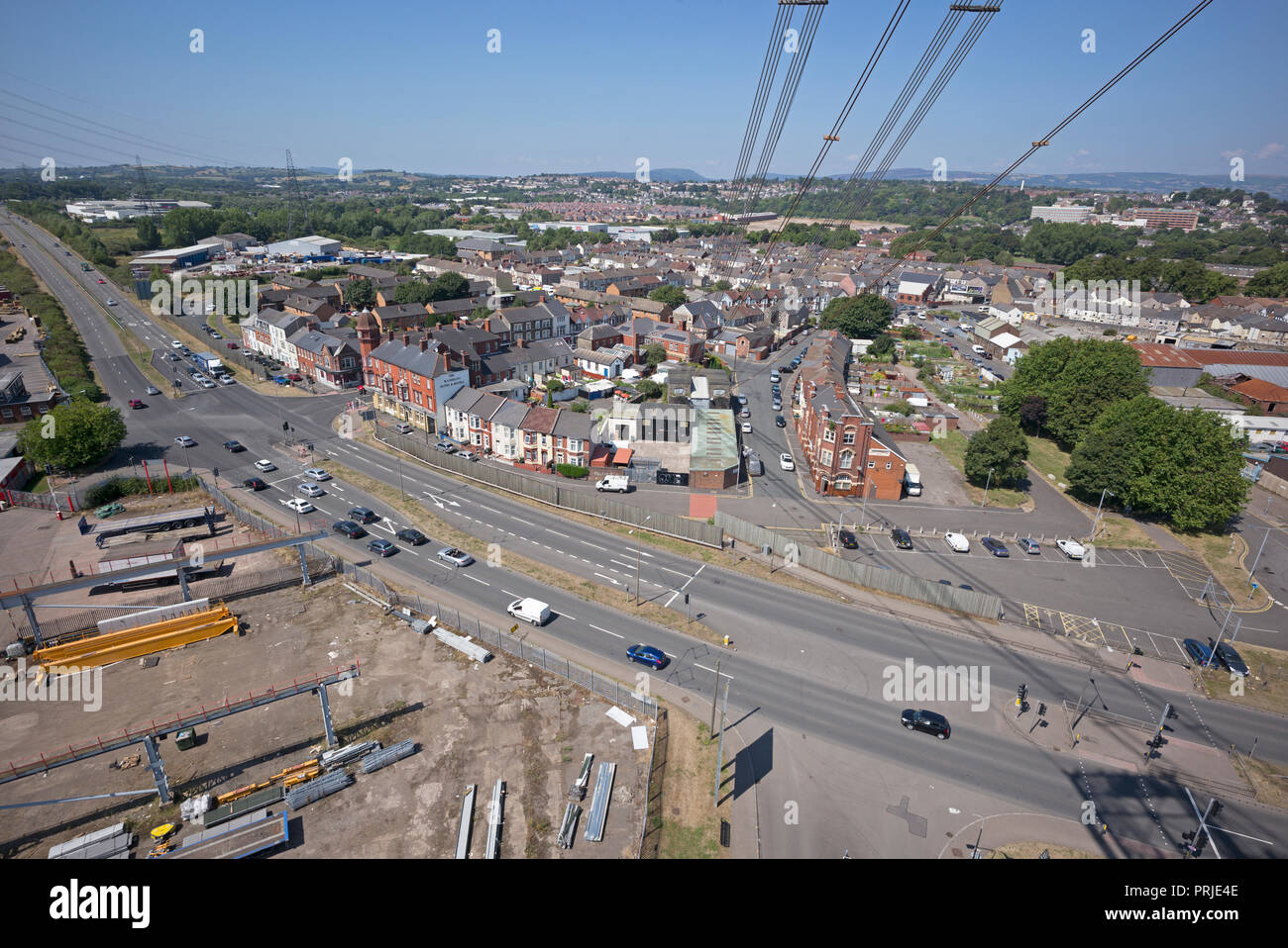 A48 dual carriageway, Brunel Street, and cables upper deck of Newport ...