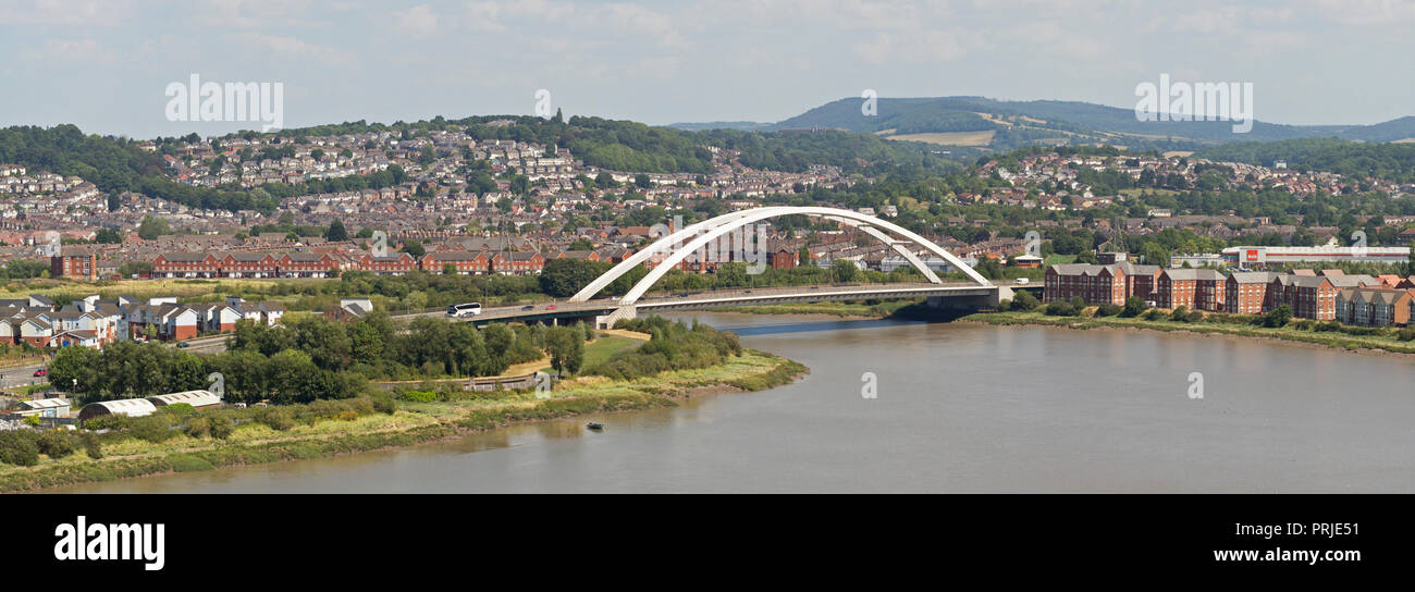 Bowstring bridge carrying A48 across River Usk and surrounding suburbs ...