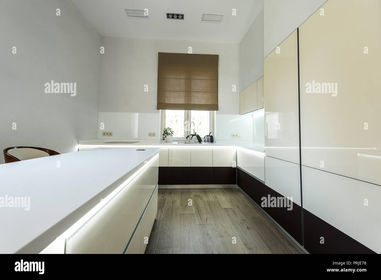 interior view of empty modern kitchen in light colors Stock Photo - Alamy