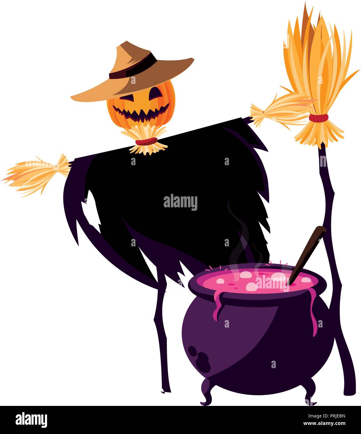 happy halloween cauldron with broom and scarecrow vector illustration ...