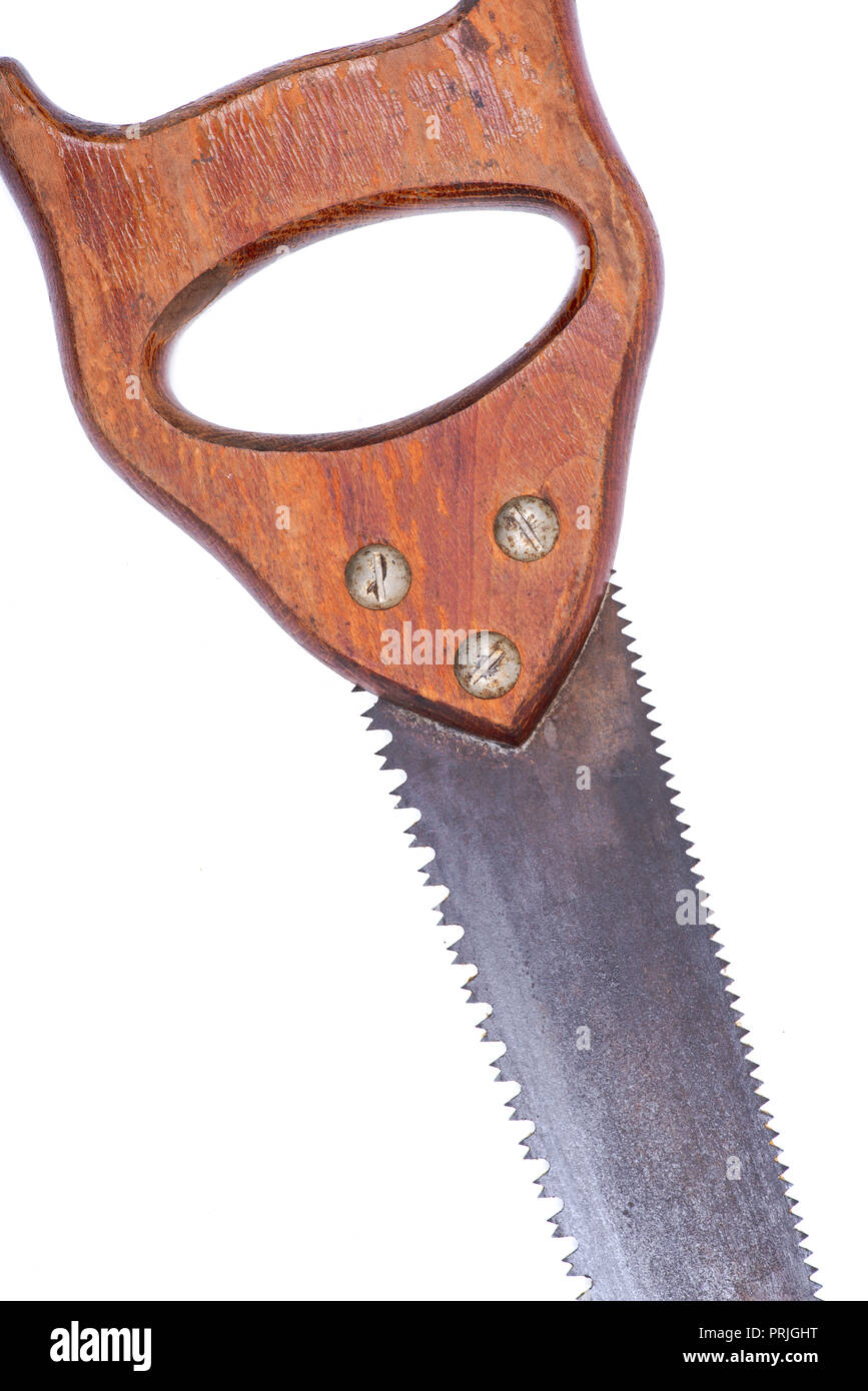 Old fashioned , vintage hand saw with back tuttle tooth isolated on ...
