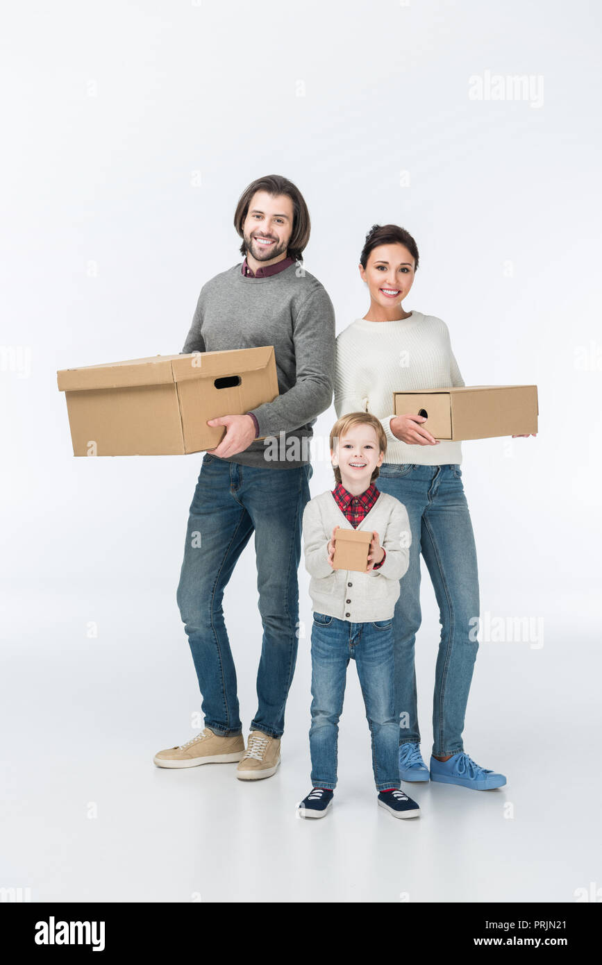 happy family holding cardboard boxes isolated on white Stock Photo - Alamy