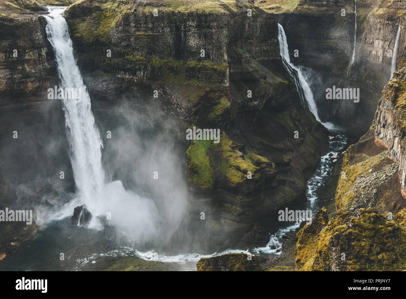 aerial view of icelandic landscape with dramatic Haifoss waterfall ...