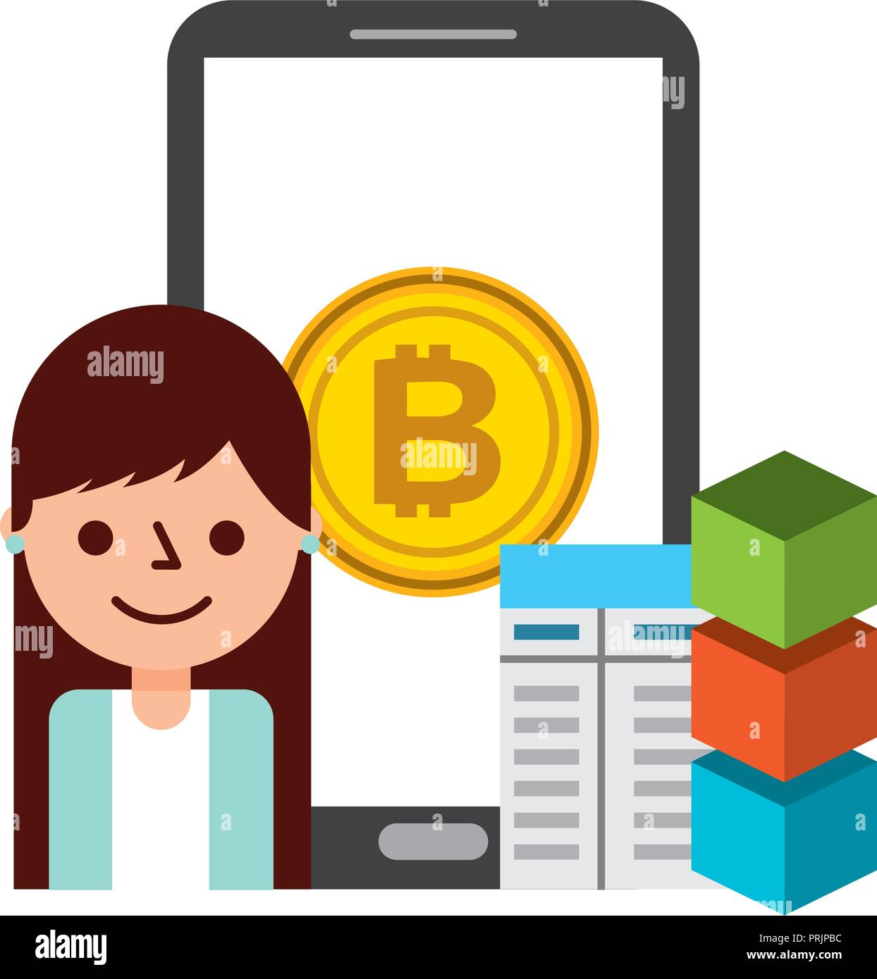 woman cartoon smartphone bitcoin blockchain fintech Stock Vector Image ...