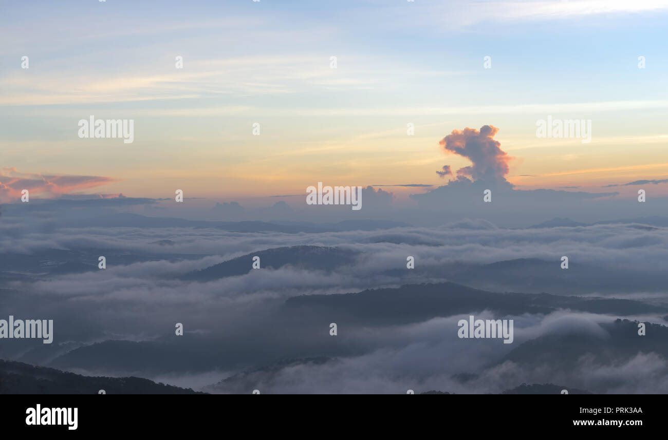 The fog cover Dalat plateau lands, Vietnam, background with magic of ...