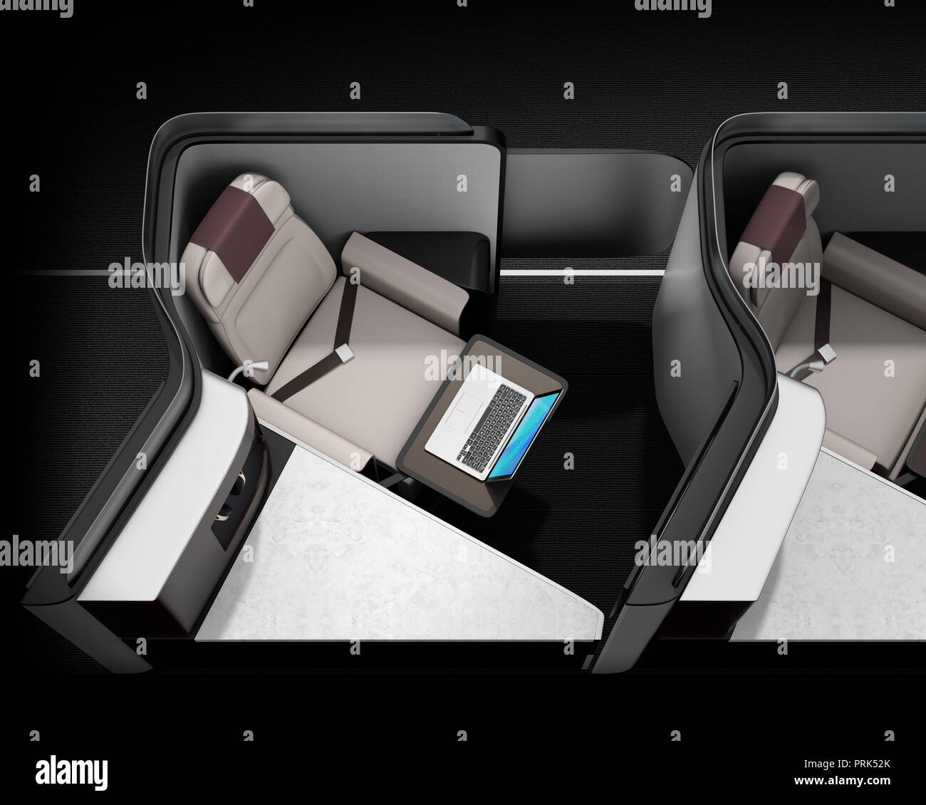 Luxury business class suite interior on black background. Laptop ...