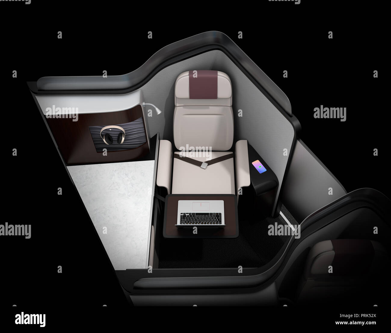 Luxury business class suite interior on black background. Laptop ...