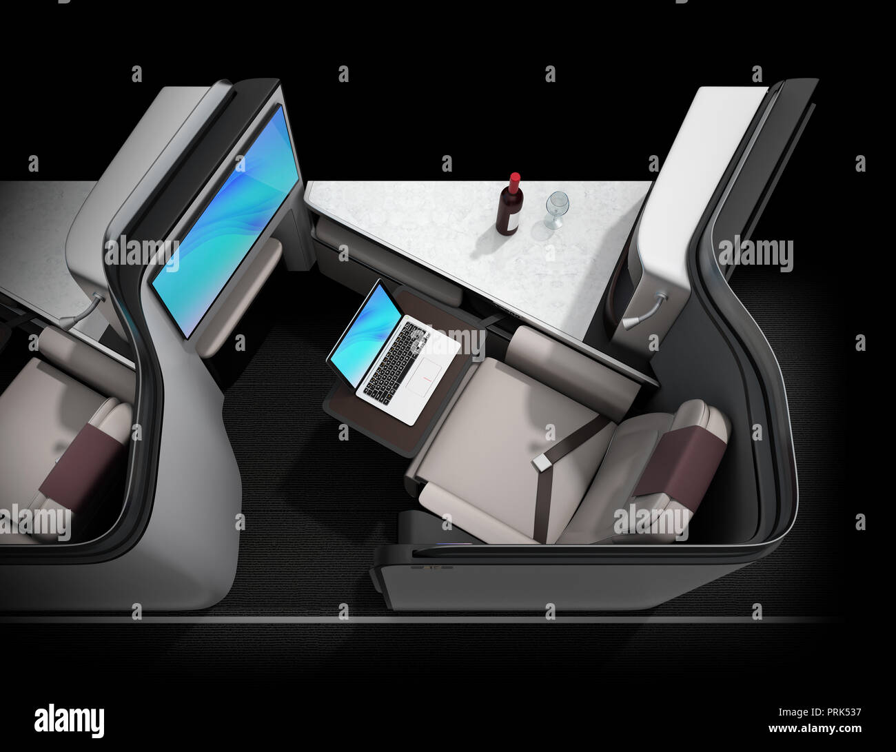 Luxury business class suite interior on black background. Laptop ...