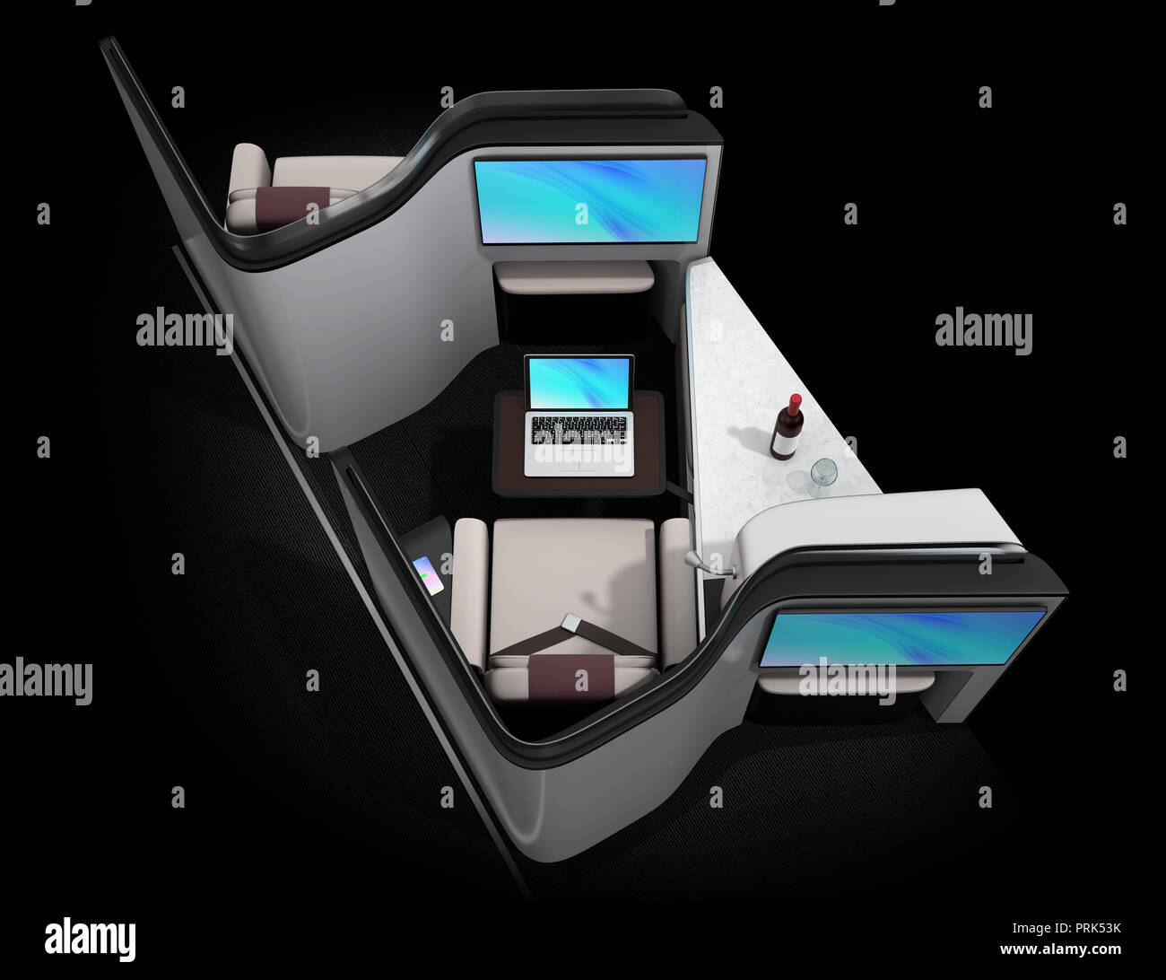 Luxury business class suite interior on black background. Laptop ...