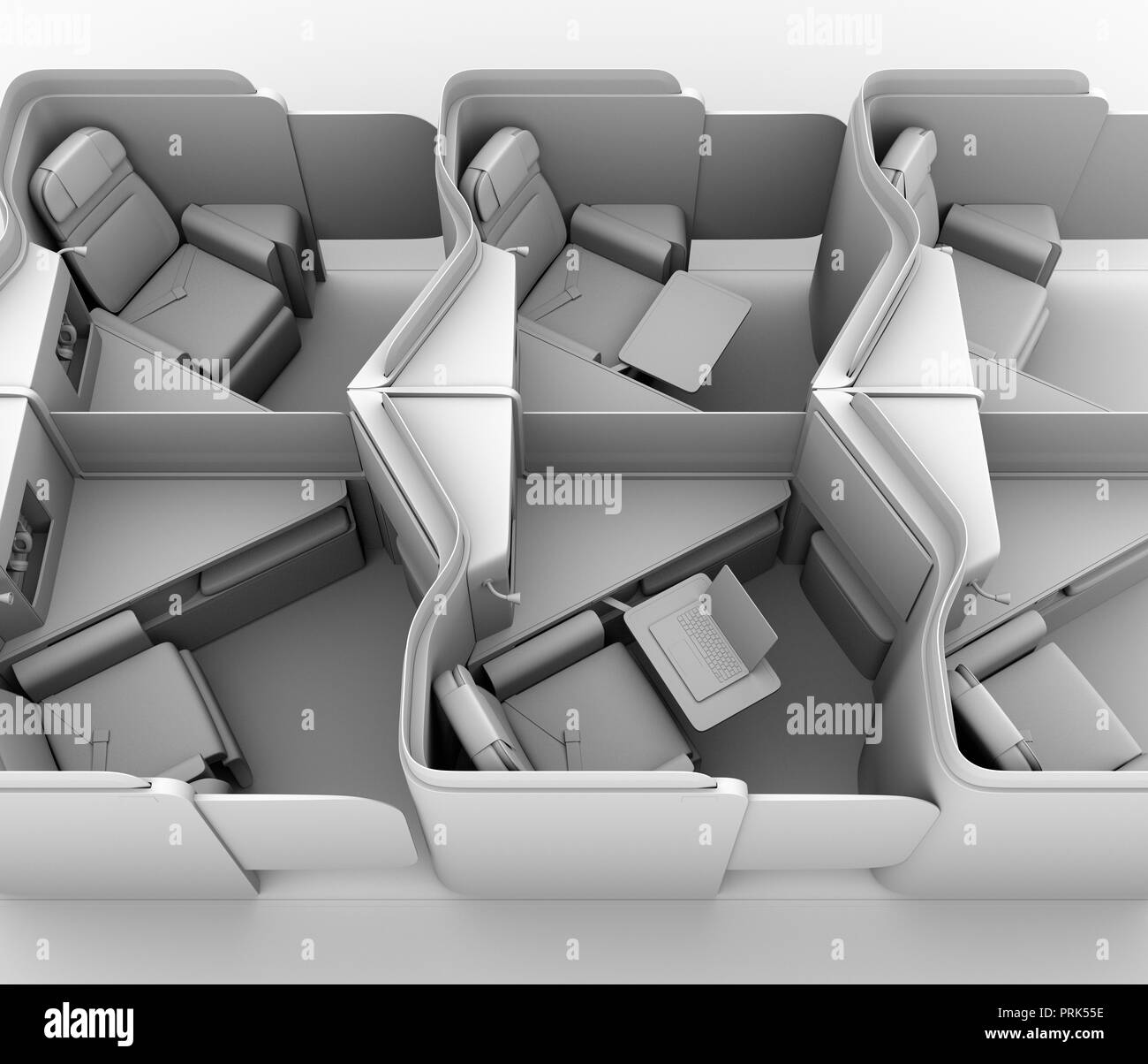 Clay rendering of luxury business class suites interior. Laptop ...