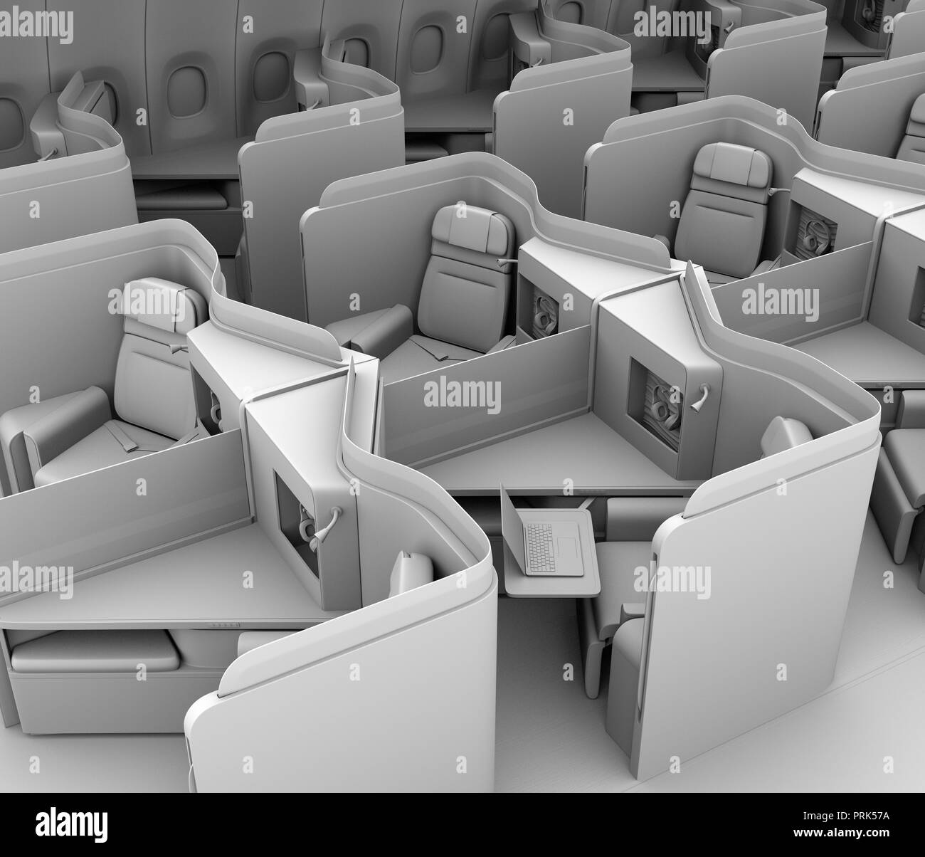 Clay rendering of luxury business class suites interior. Laptop ...