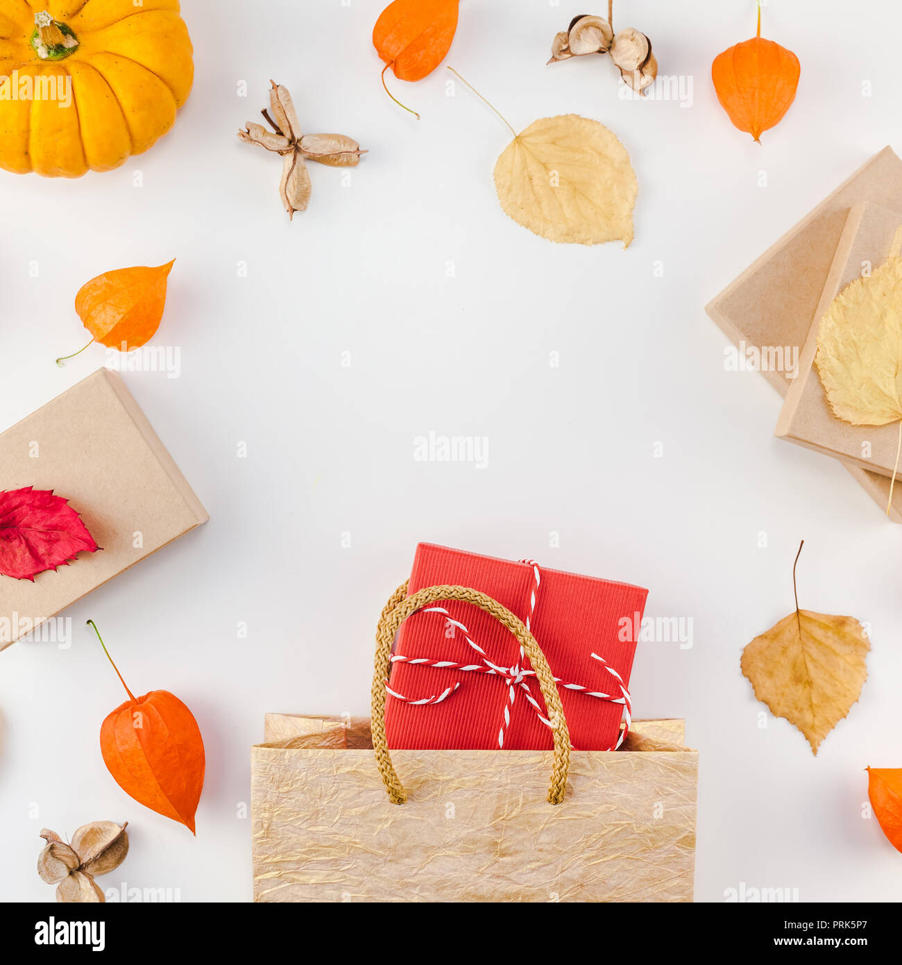 Creative Top view flat lay autumn composition Shopping bag dried orange ...