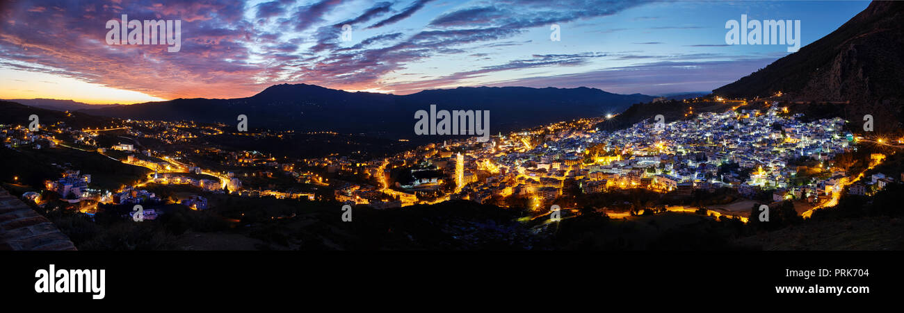 Panorama night city of Chefchaouen Morocco. Blue city in night lights ...