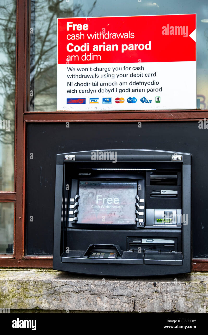 CAERNARFON / WALES - MAY 01 2018 : Cash machine of the HSBC Bank on a ...