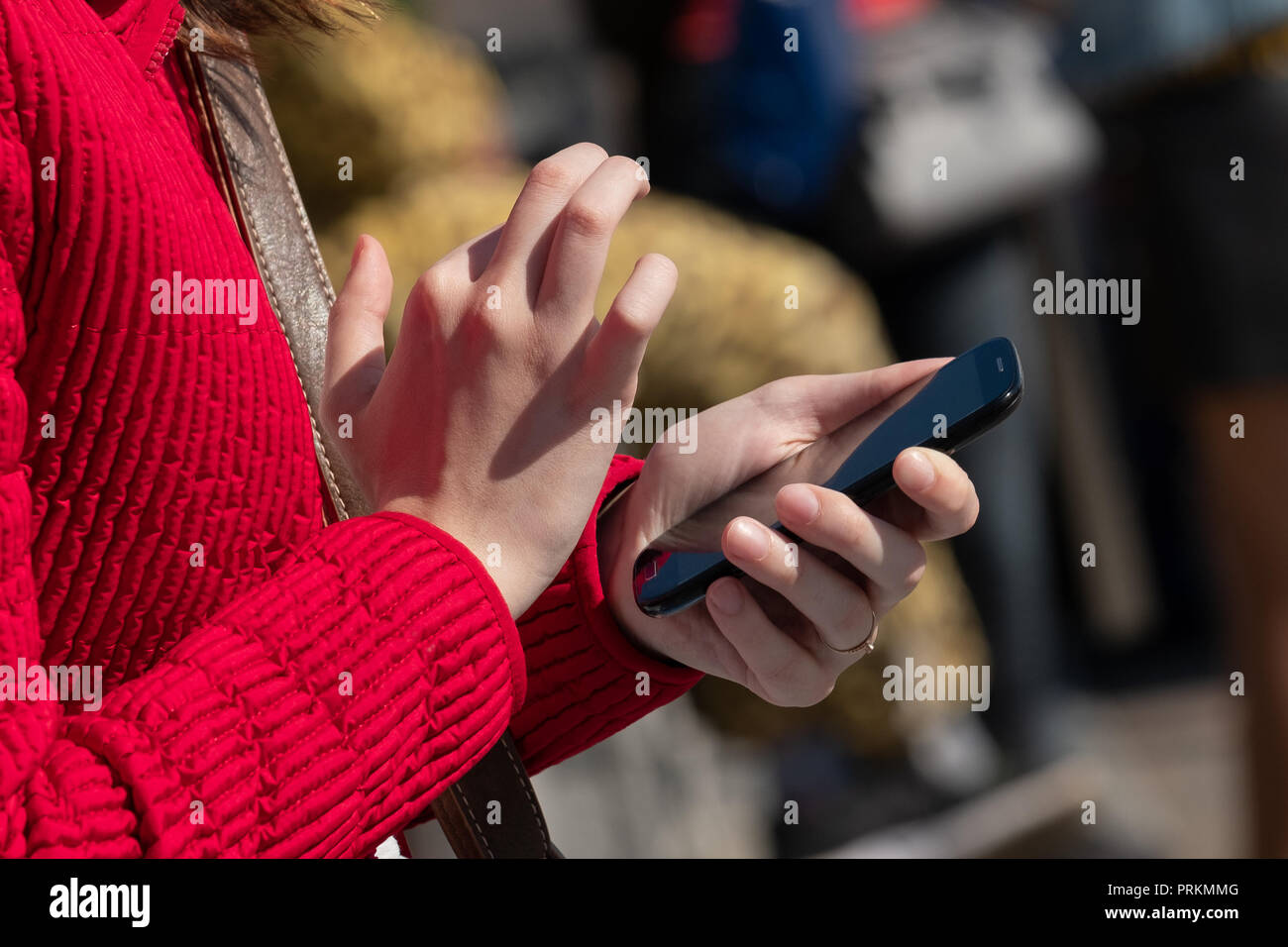 The cut-off girl's photo fingers dialing number on phone Stock Photo ...